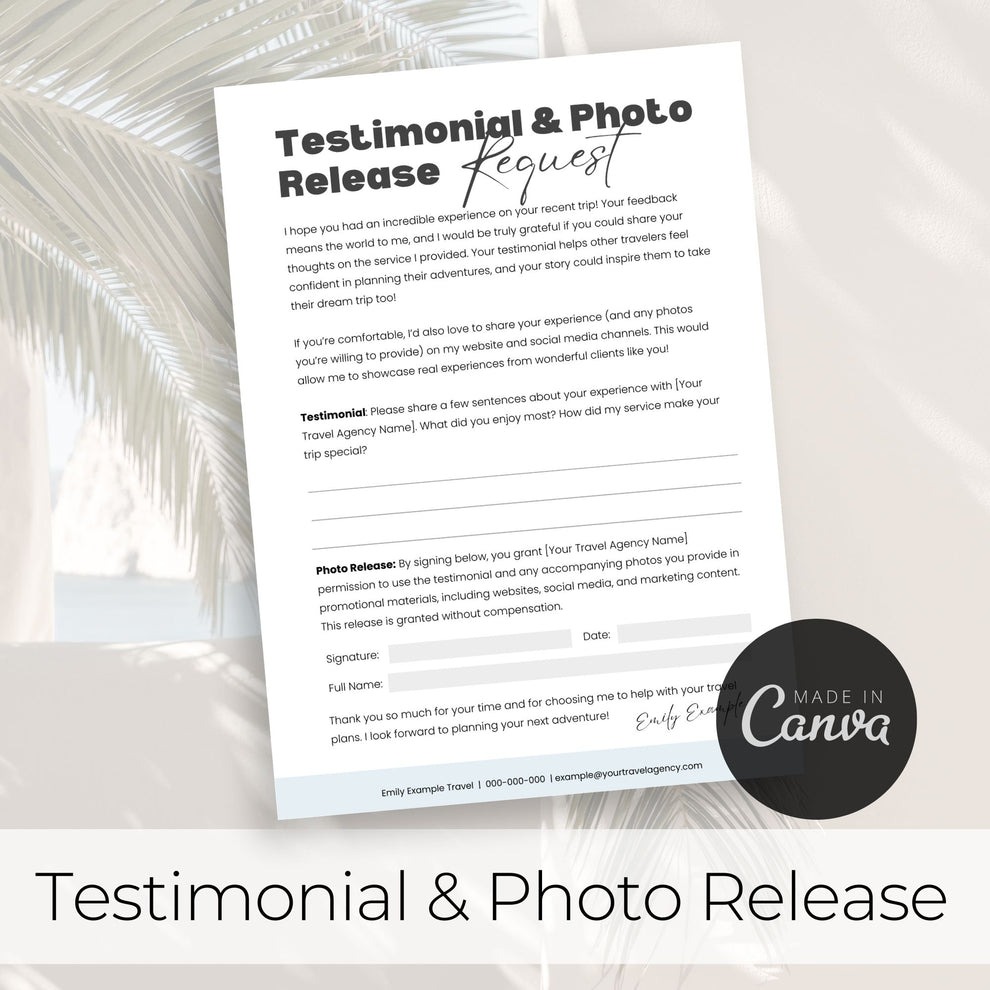 Customizable Testimonial & Photo Release Template for Travel Agents ...